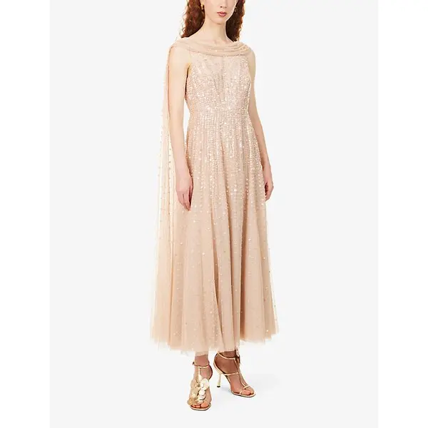 NEEDLE & THREAD Moonlight Sequin Cape Sleeve Ankle Gown