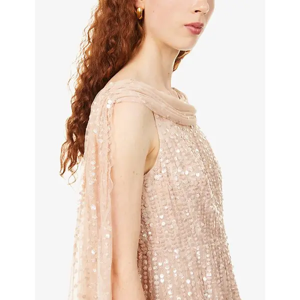 NEEDLE & THREAD Moonlight Sequin Cape Sleeve Ankle Gown