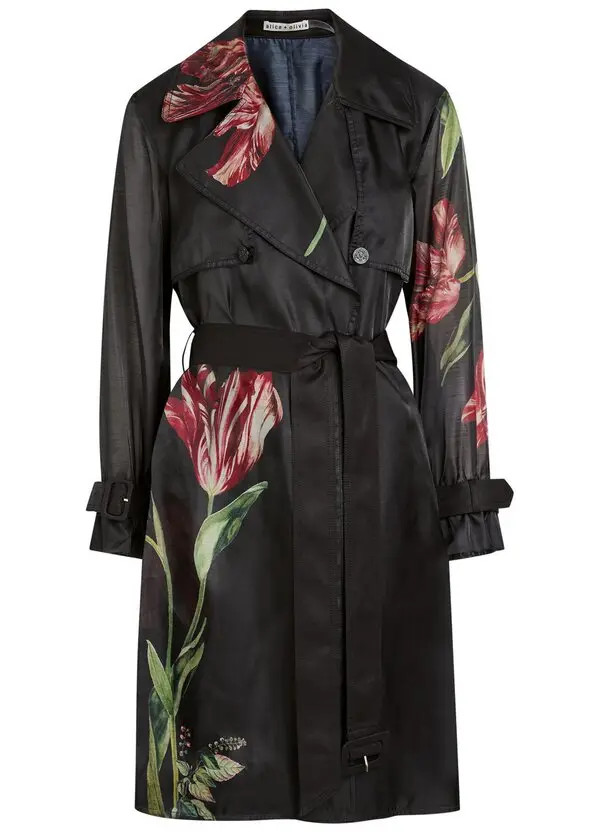 Alice + Olivia Silvia Floral-print Organza Trench Coat - Black
