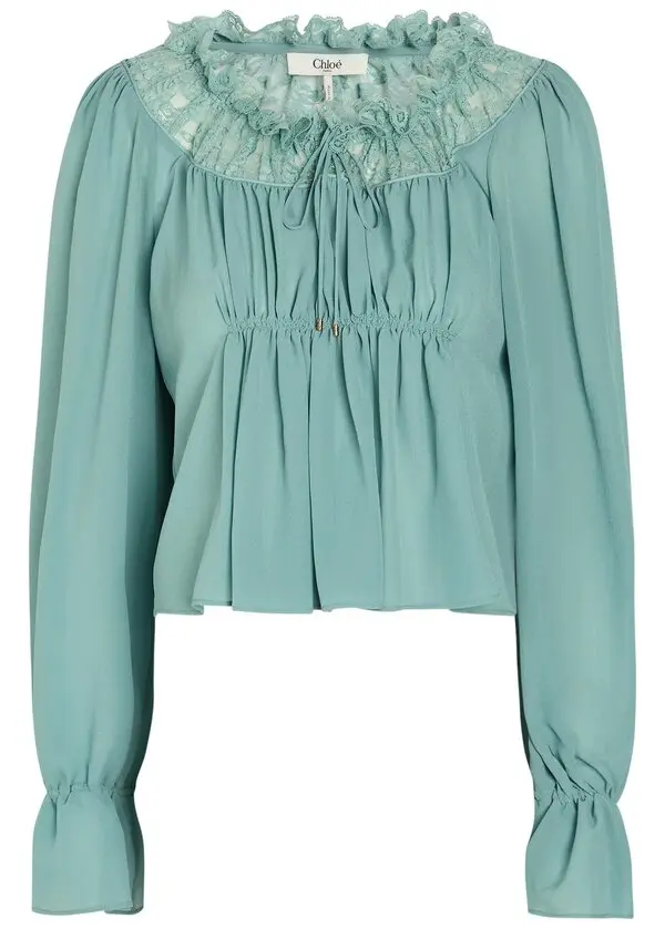 Chloé Ruffled Lace-trim Silk Blouse - Blue