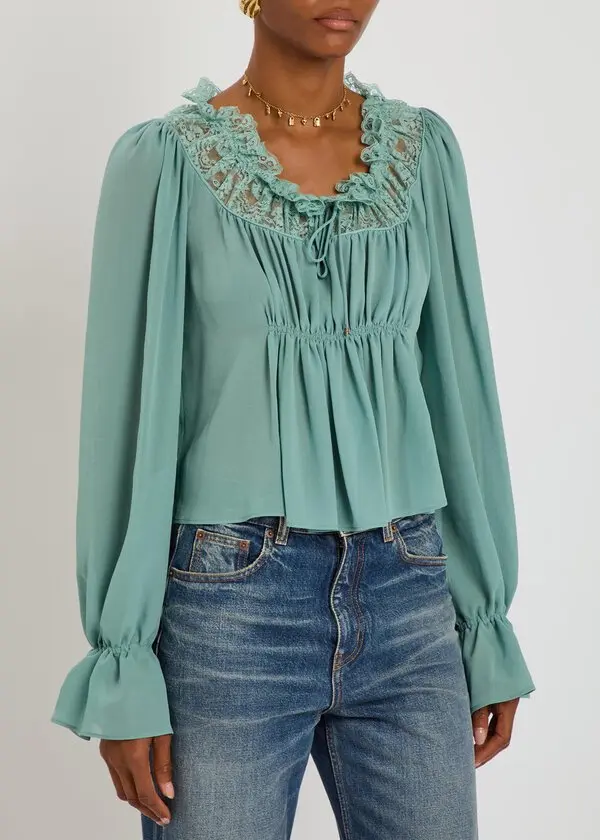 Chloé Ruffled Lace-trim Silk Blouse