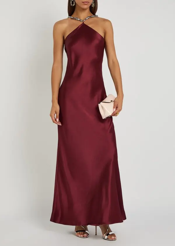 Staud Cadence Embellished Satin Maxi Dress - Red