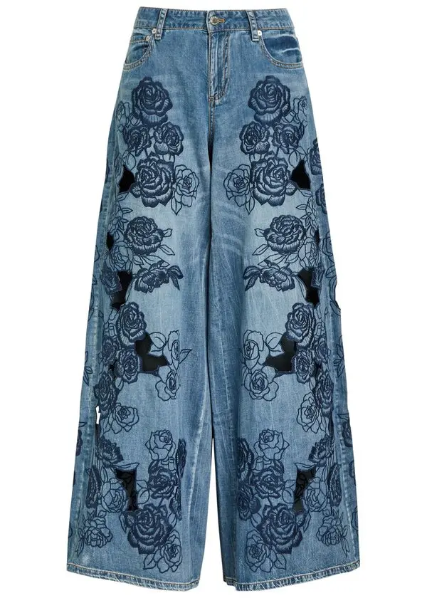 Alice + Olivia Sidney Floral-embroidered Wide-leg Jeans - Blue