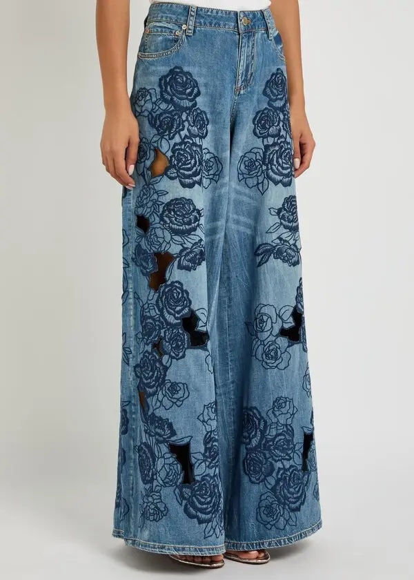 Alice + Olivia Sidney Floral Embroidered Wide-leg Jeans