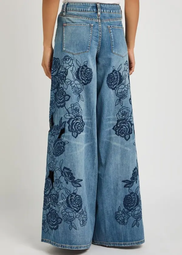 Alice + Olivia Sidney Floral Embroidered Wide-leg Jeans
