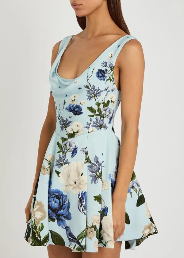 Alice + Olivia Estrella Floral Print Cowl Neck Mini Dress - Blue
