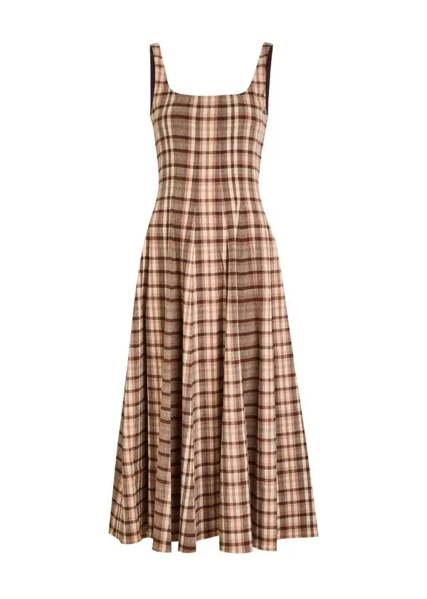 Staud Wells Checked Linen-blend Midi Dress - Multicoloured