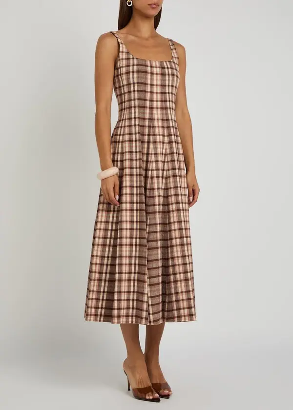 Staud Wells Checked Linen-blend Midi Dress - Multicoloured