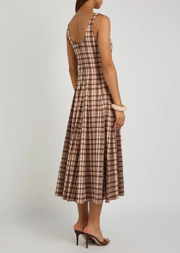 Staud Wells Checked Linen-blend Midi Dress - Multicoloured
