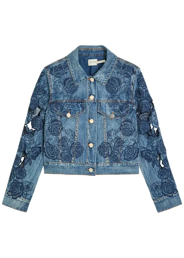 Alice + Olivia Chloe Embroidered Cut-out Denim Jacket - Blue