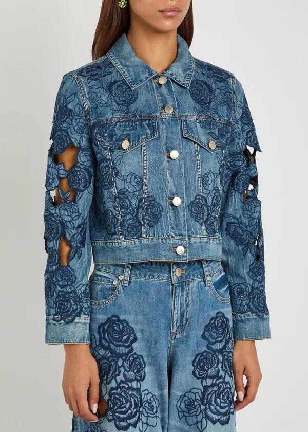 Alice + Olivia Chloe Embroidered Cut-out Denim Jacket