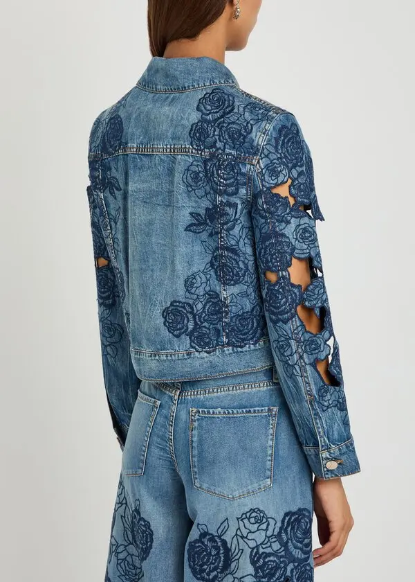 Alice + Olivia Chloe Embroidered Cut-out Denim Jacket