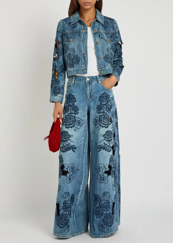 Alice + Olivia Chloe Embroidered Cut-out Denim Jacket