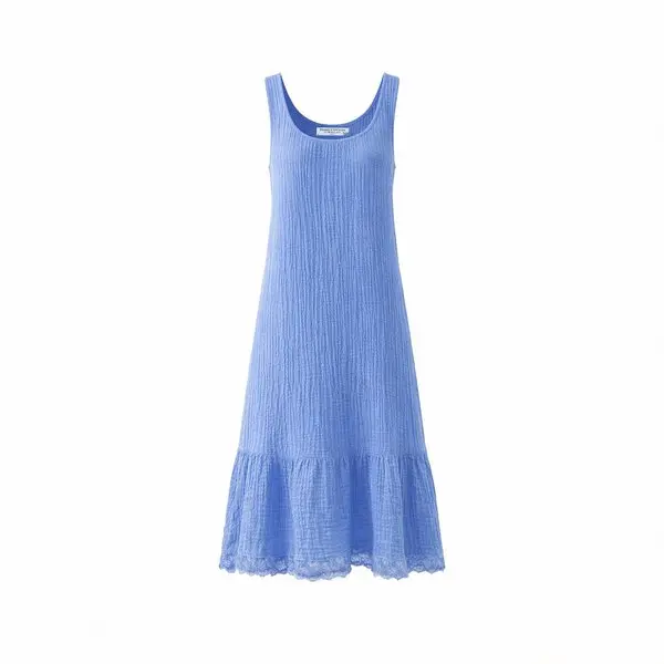 Haris Cotton Sleeveless Maxi Textured Cotton Dress With Lace Trim Hem Regatta - Blue