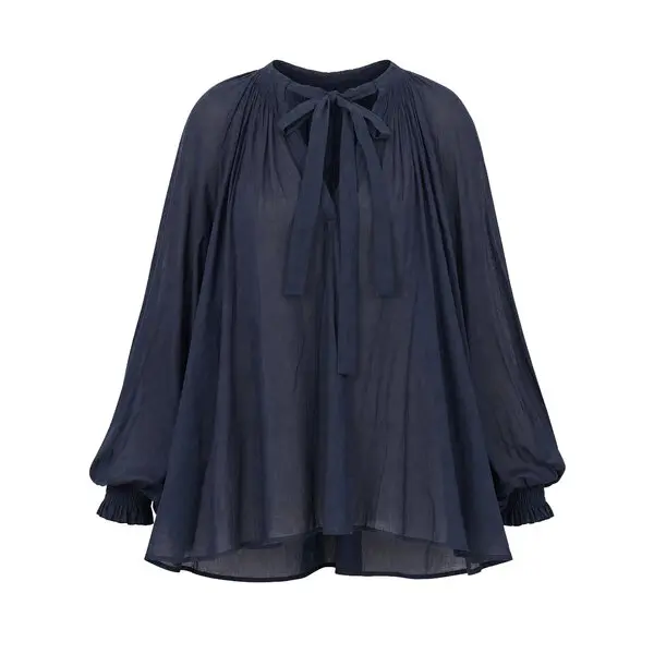 Adrift Clothing Wren Billow Sleeve Blouse In Navy - Blue