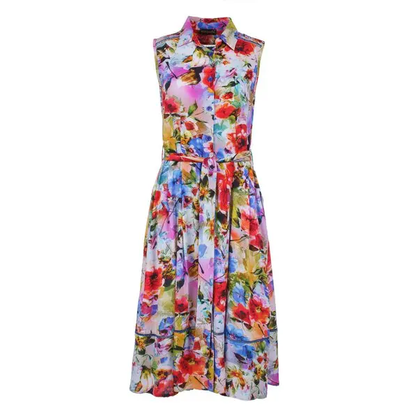 CONQUISTA Floral Sleeveless Dress With Belt - Blue