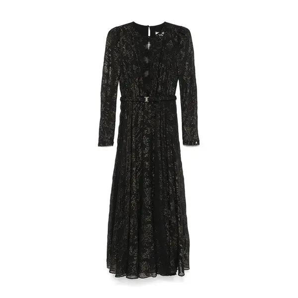 NISSA Lace Insert Chiffon Midi Dress - Black