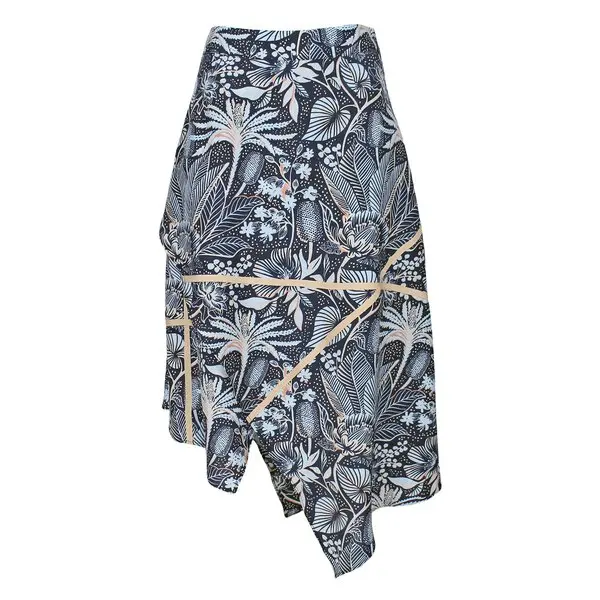 LALIPOP DESIGN Floral Print Silky Touch Viscose Midi Asymmetric Skirt - Blue