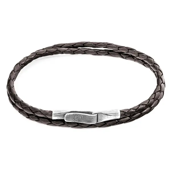 ANCHOR & CREW Brown / Silver Dark Brown Liverpool Silver & Braided Leather Bracelet - Brown/silver