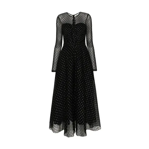 NISSA Flock Print Midi Dress - Black