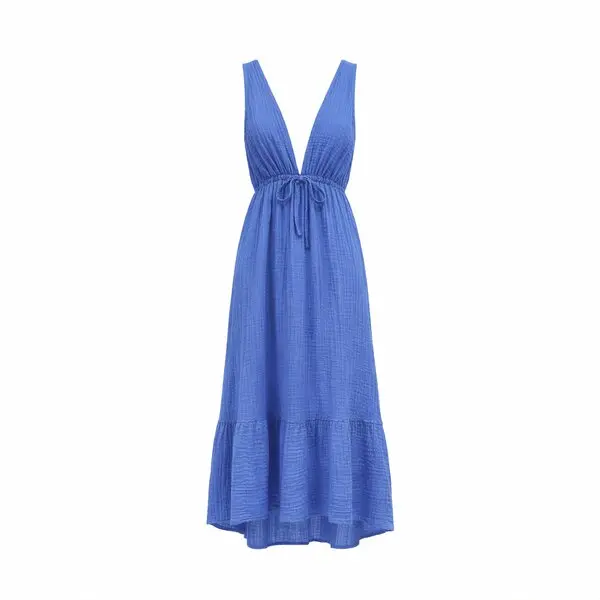 Haris Cotton Maxi Dress In Textured Cotton With Deep V Neck Regatta - Blue
