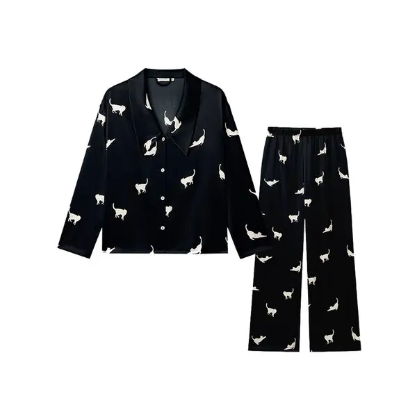 Not Just Pajama Cats Edition Silk Pajamas Long Set - Black
