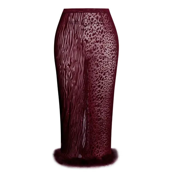 MISS CIRCLE NEW YORK Halia Burgundy Animal Print Burnout Velvet Fur Trim Skirt - Red