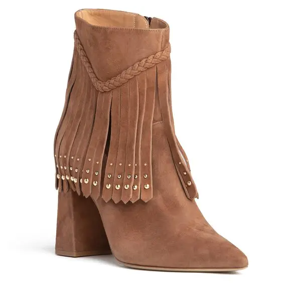 BEAUTIISOLES BY ROBYN SHREIBER Tal Cognac Bootie Suede Fringes With Zipper Elegant & Comfortable For Work & Evening - Brown