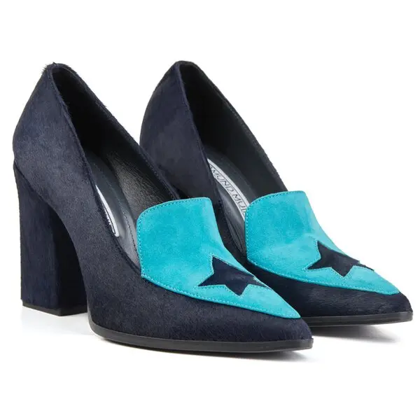 ROSAMUND MUIR LONDON Maria Navy Calf Hair & Turquoise Star Loafers - Blue