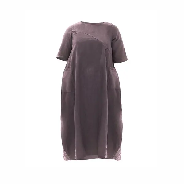Haris Cotton Midi Curve Linen Dress With Tab Sleeve And Front Pockets Dove - Grey