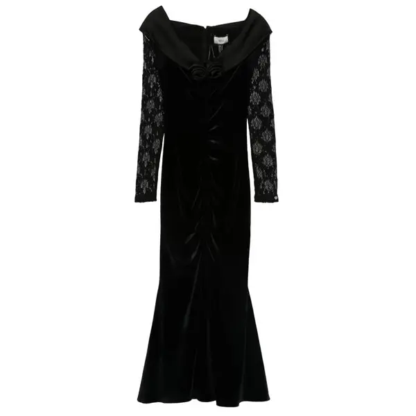 NISSA Floral-appliqué Velvet Midi Dress - Black