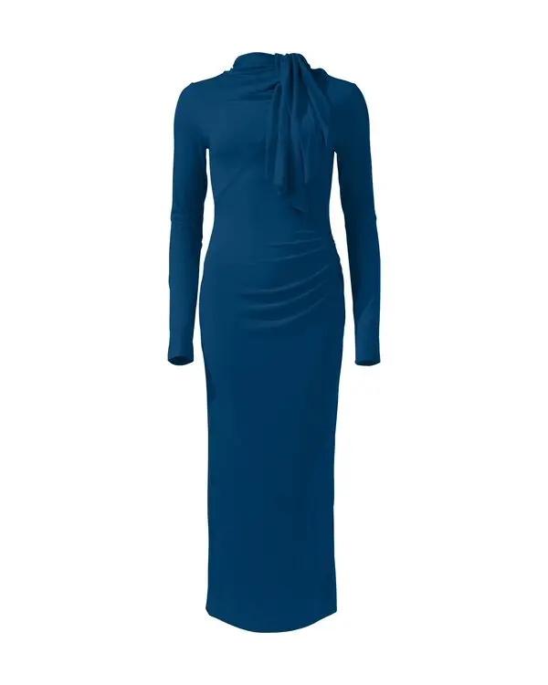 LENDROP STUDIOS Yuna Tie Neck Midi Dress Teal - Blue