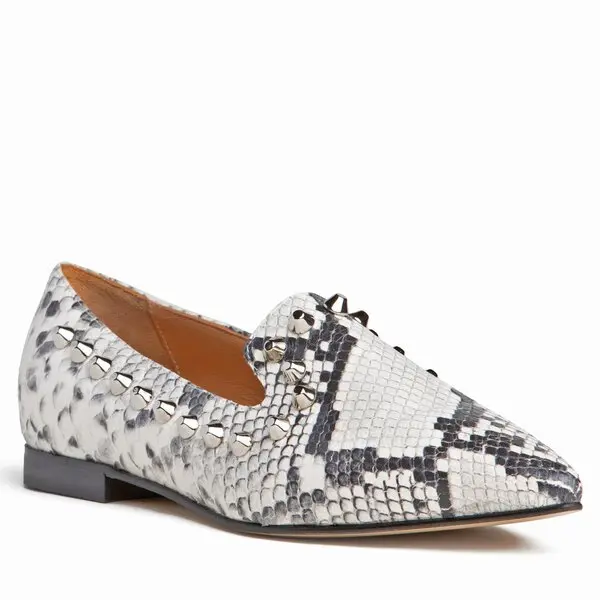 BEAUTIISOLES BY ROBYN SHREIBER White / Neutrals / Grey Celeste White & Black Snakeprint Leather Loafer Comfortable For Work & Night Wear - White/grey