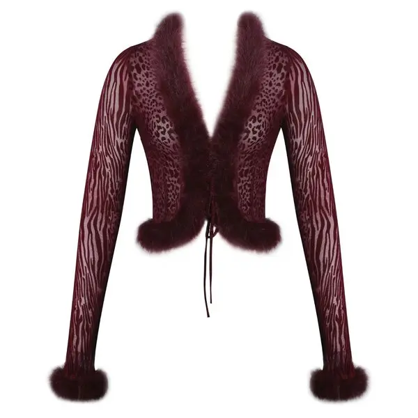 MISS CIRCLE NEW YORK Hali Burgundy Animal Print Burnout Velvet Fur Trim Top - Red