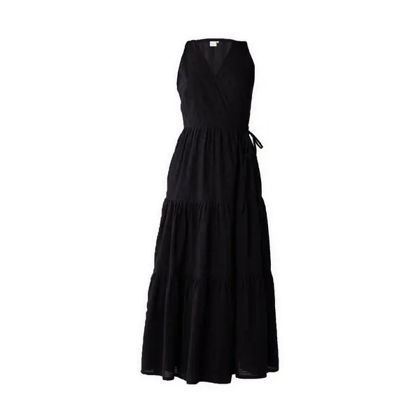 REISTOR Sleeveless Embroidered Wrap Dress With Tiers - Black
