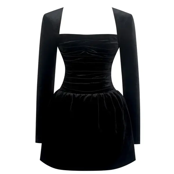 MISS CIRCLE NEW YORK Catrina Velvet Square Neck Bow-tie Mini Dress - Black