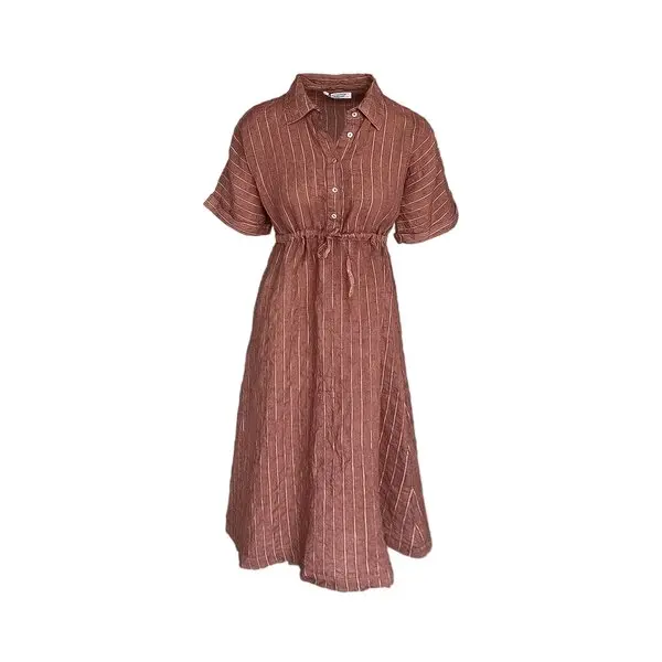 Haris Cotton Striped Linen Button Front Dress With Drawstring Waist Blush Gold - Brown