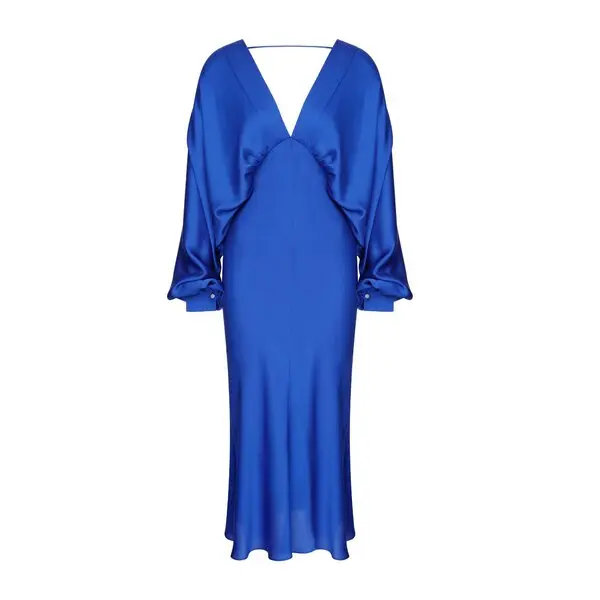 NAZLI CEREN Mila V Neck Satin Dress In Sax - Blue