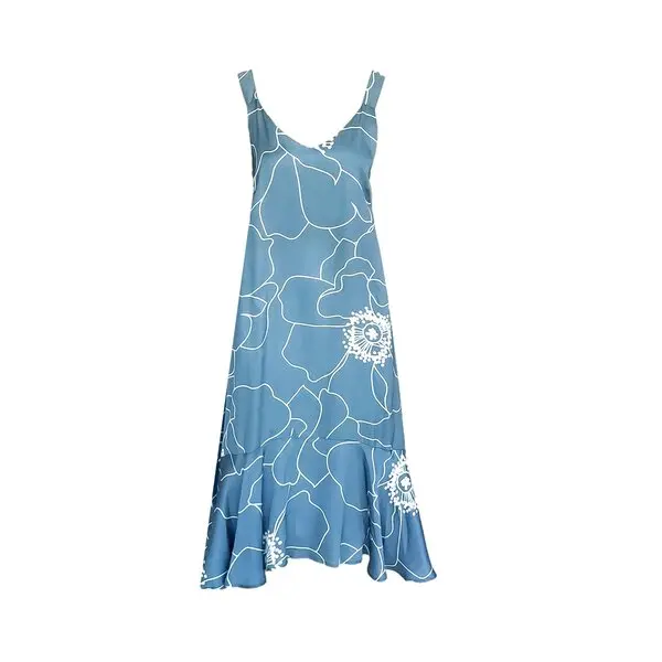 Haris Cotton Printed Satin Maxi Dress With Straps And Ruffled Hem Peonies - Blue