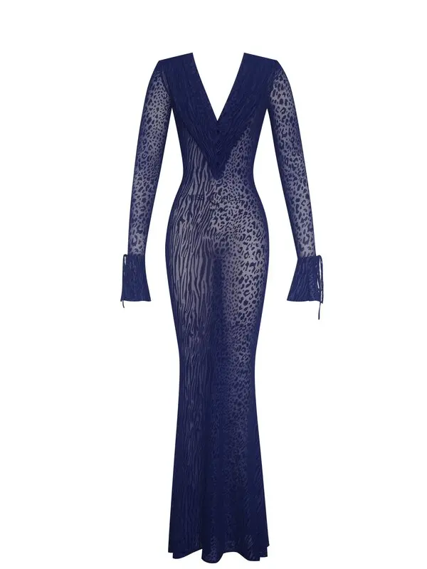 MISS CIRCLE NEW YORK Ilyse Navy V-neck Plunge Animal Print Mermaid Hem Maxi Dress - Blue