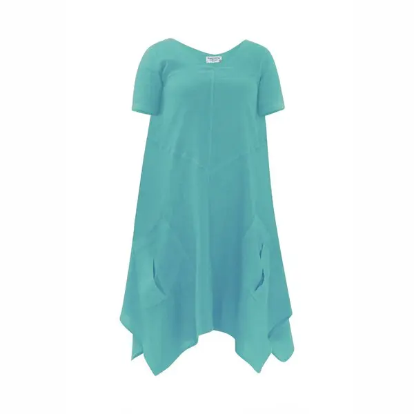 Haris Cotton Blue / Green Solid Asymmetrical Hem Linen Dress With Front Pockets Crystal Blue - Blue/green