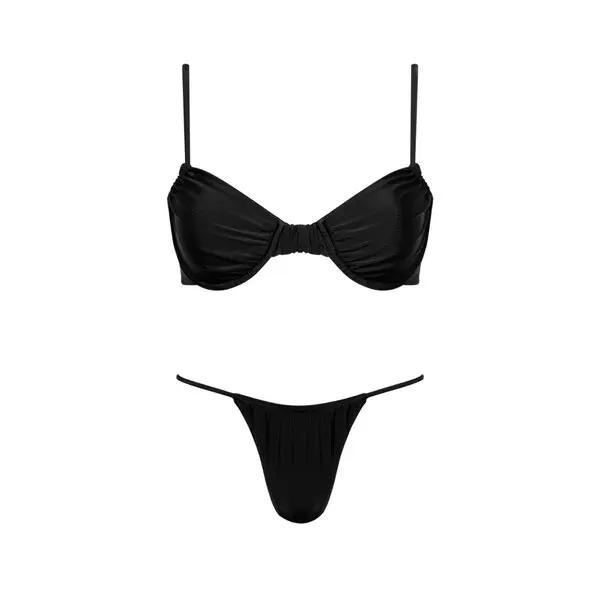 PLAYALUXE Capri Ruched Underwire String Bikini Set - Black