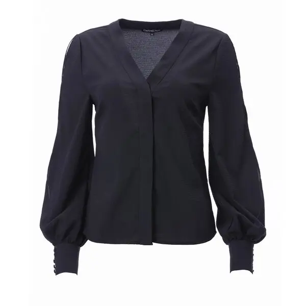 CARLOSLINES V-neck Bar Tack Long Sleeve Blouse In Solid - Black