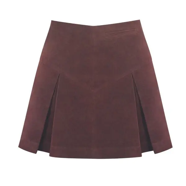 MISS CIRCLE NEW YORK Faryn Mahogany Vegan Suede Pleated A-line Mini Skirt - Red