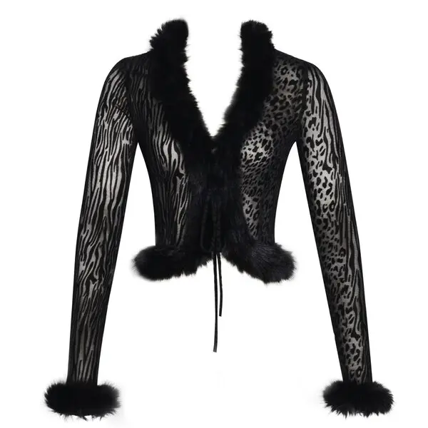 MISS CIRCLE NEW YORK Hali Animal Print Burnout Velvet Fur Trim Top - Black