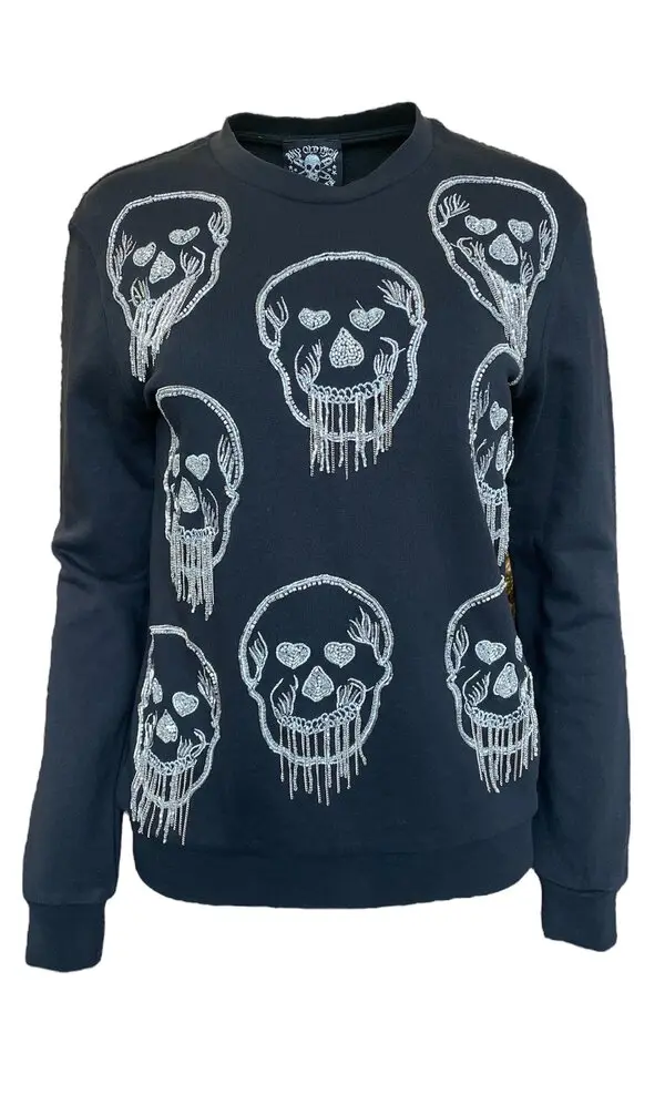 ANY OLD IRON Black / Silver Silver Beaded Skull Fringe Sweatshirt - Black/silver