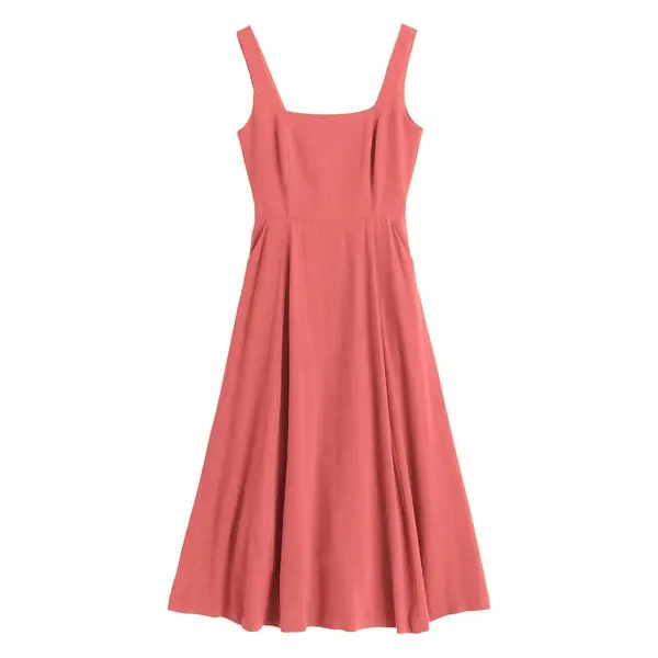 LOUCHE Baya Linen Mix Square Neck Midi Dress Coral - Pink