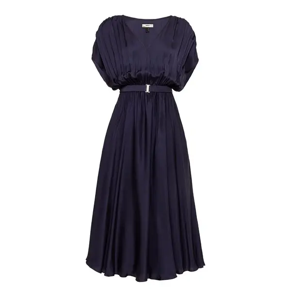 NISSA Belted Viscose Midi Dress Navy - Blue