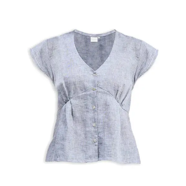 REISTOR Deep V-neck Short Linen Stripes Top - Grey