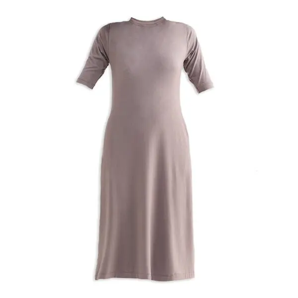 REISTOR High Crew Neck Elbow Sleeves Fitted Dress In Dusty - Brown